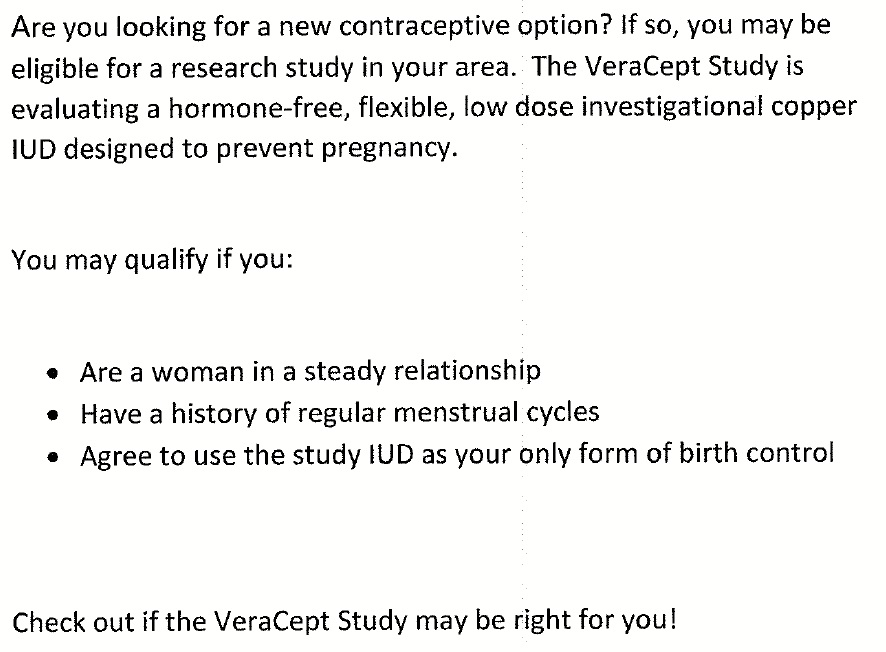 Contraceptive IUD (Birth Control) - Denver CO (Clinical Trial # 40596)